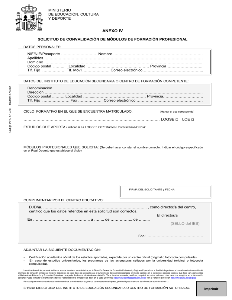 Solicitud Convalidacion Ministerio