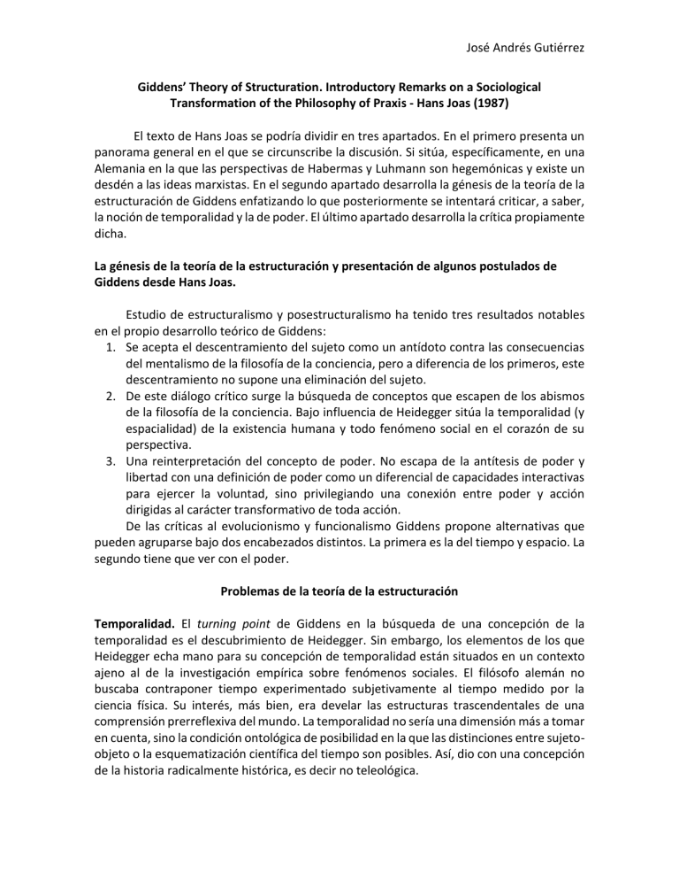 Resumen Giddens’ Theory of Structuration. Introductory Remarks on a ...