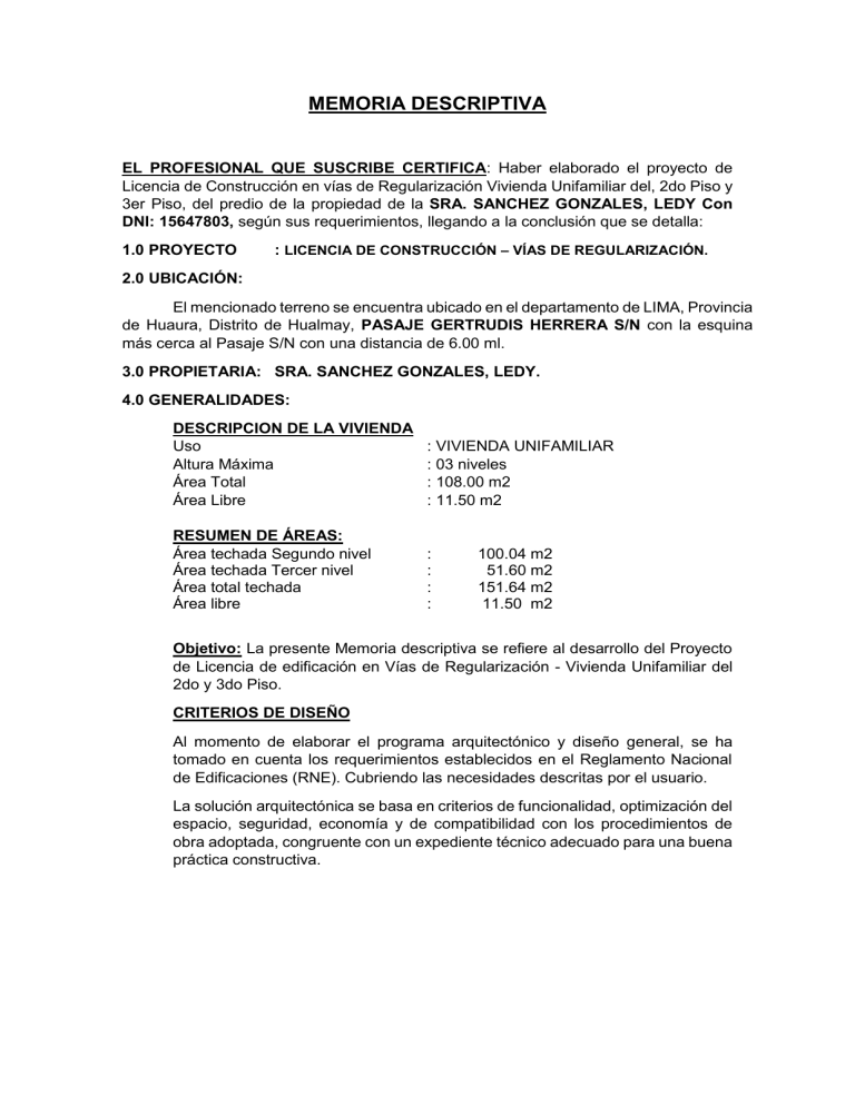 Memoria Descriptiva: Regularización Licencia Construcción