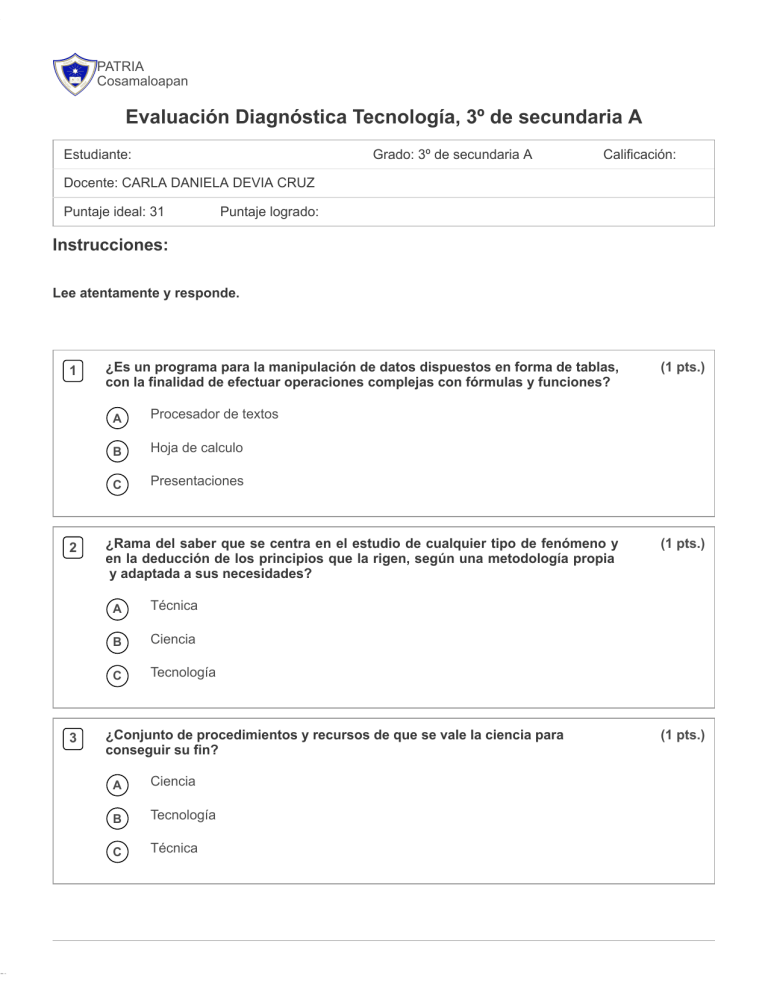 Examen Diagnóstico Tecnología 3º Secundaria
