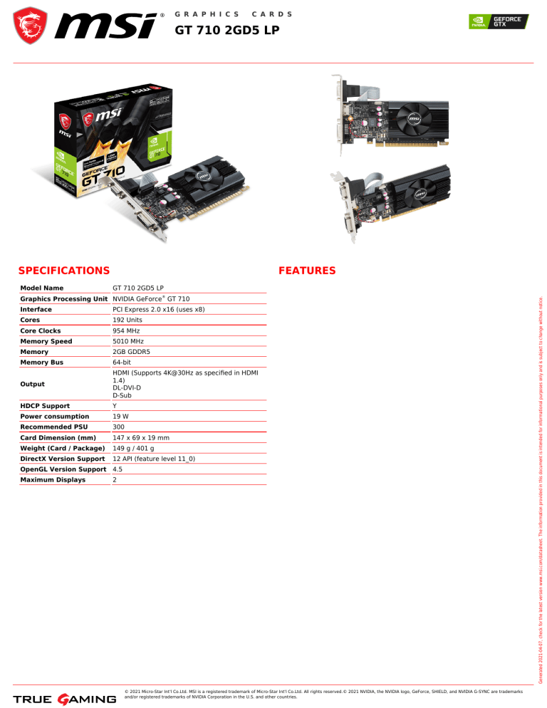 MSI GT 710 2GD5 LP Graphics Card Specs