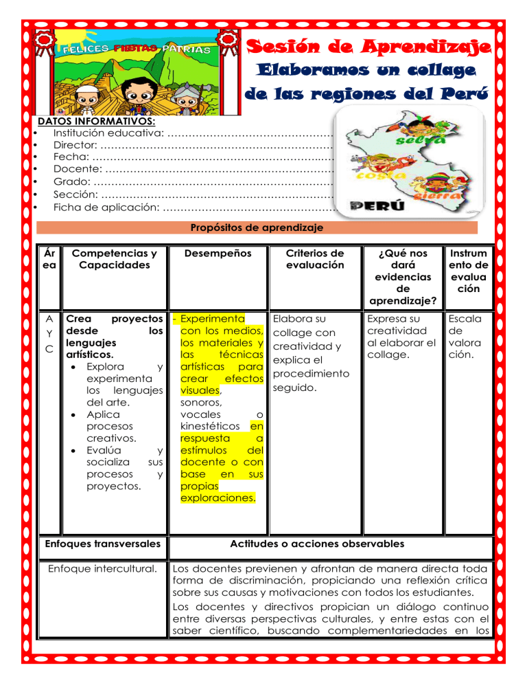 Sesión de Aprendizaje: Collage de las Regiones del Perú