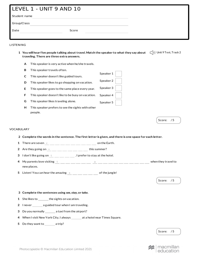Level 1 English Test: Units 9 & 10