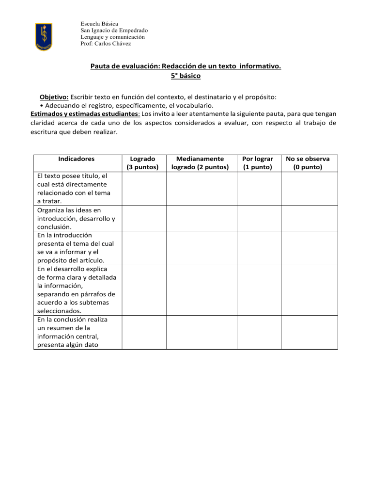 5° Rúbrica texto informativo