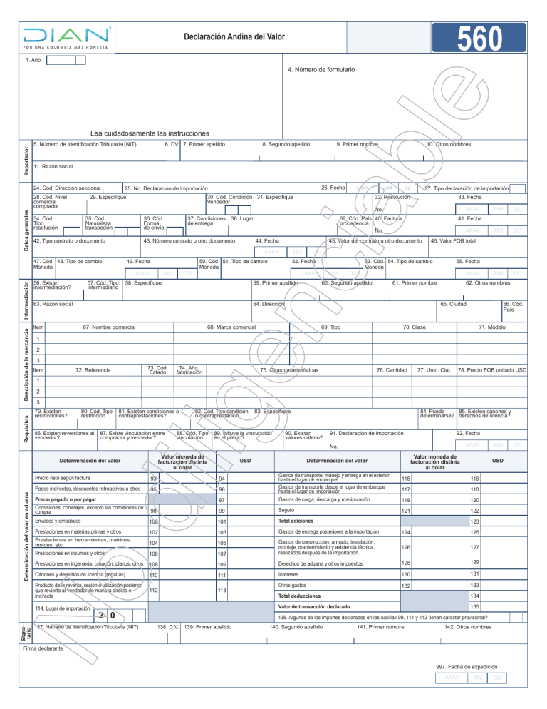 declaracion andina de valor Formulario 560