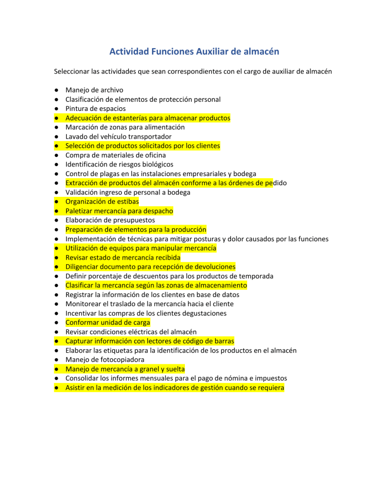 ACTIVIDAD FUNCIONES AUXILIAR DE ALMACEN