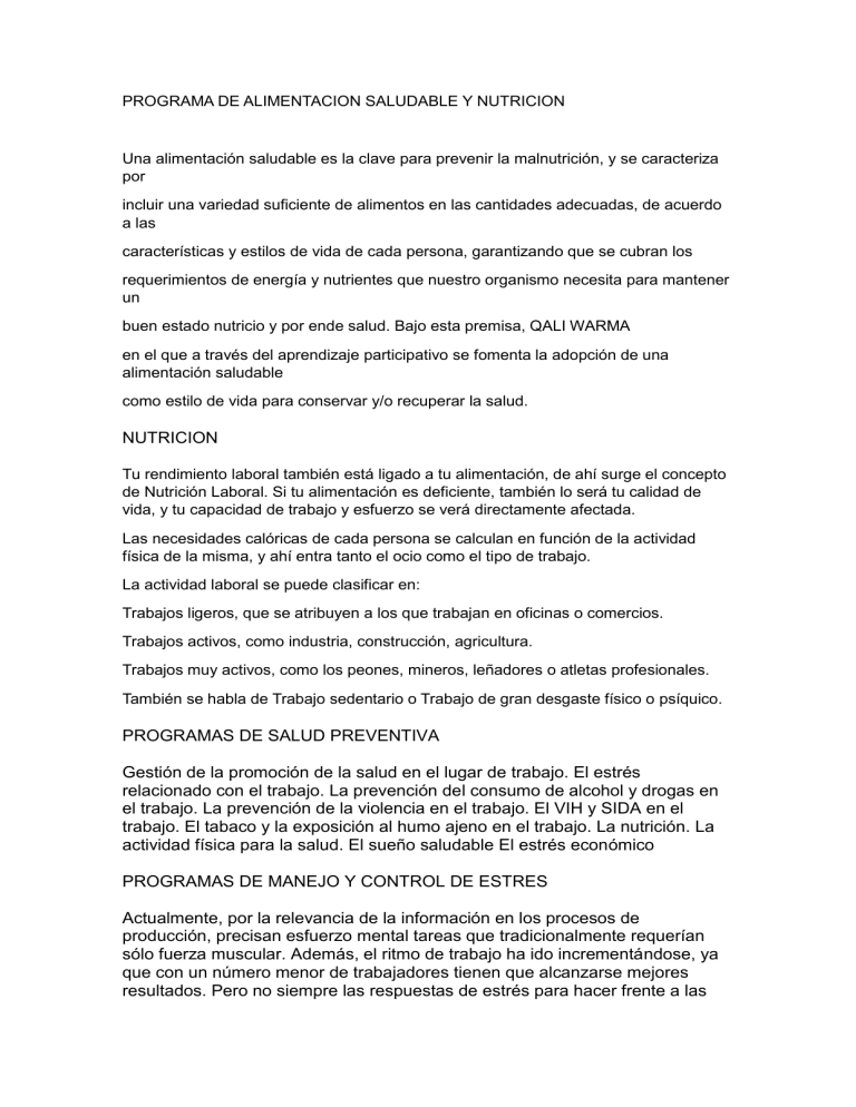 PROGRAMA DE ALIMENTACION SALUDABLE Y NUTRICION