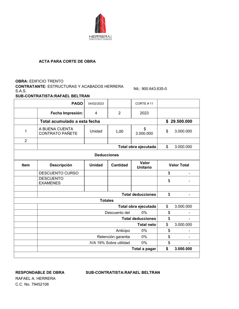 ACTA PARA CORTE DE OBRA BELTRAN