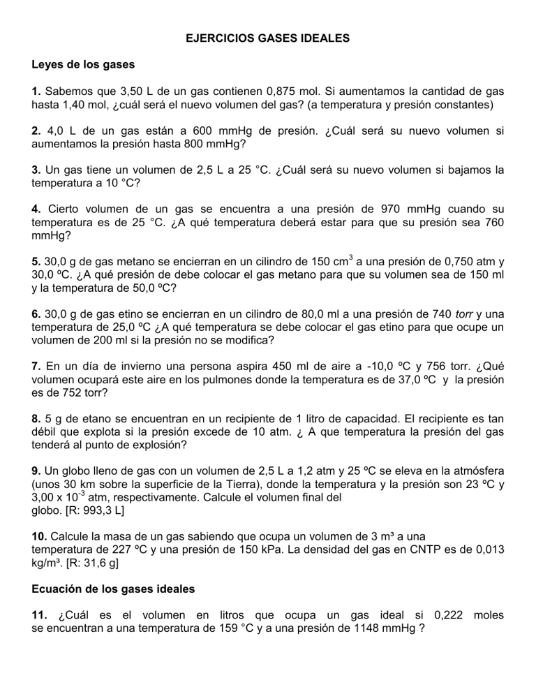 Ejercicios de Gases Ideales: Leyes y Ecuaciones