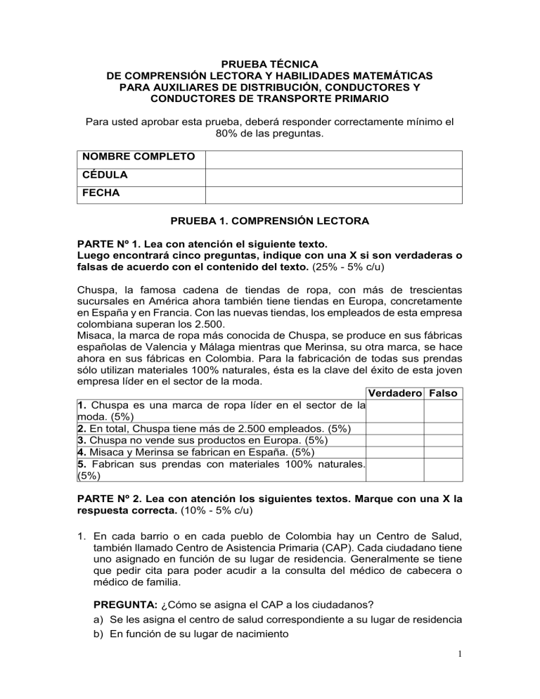 PRUEBA COMPRENSIÓN LECTORA Y MATEMÁTICAS.