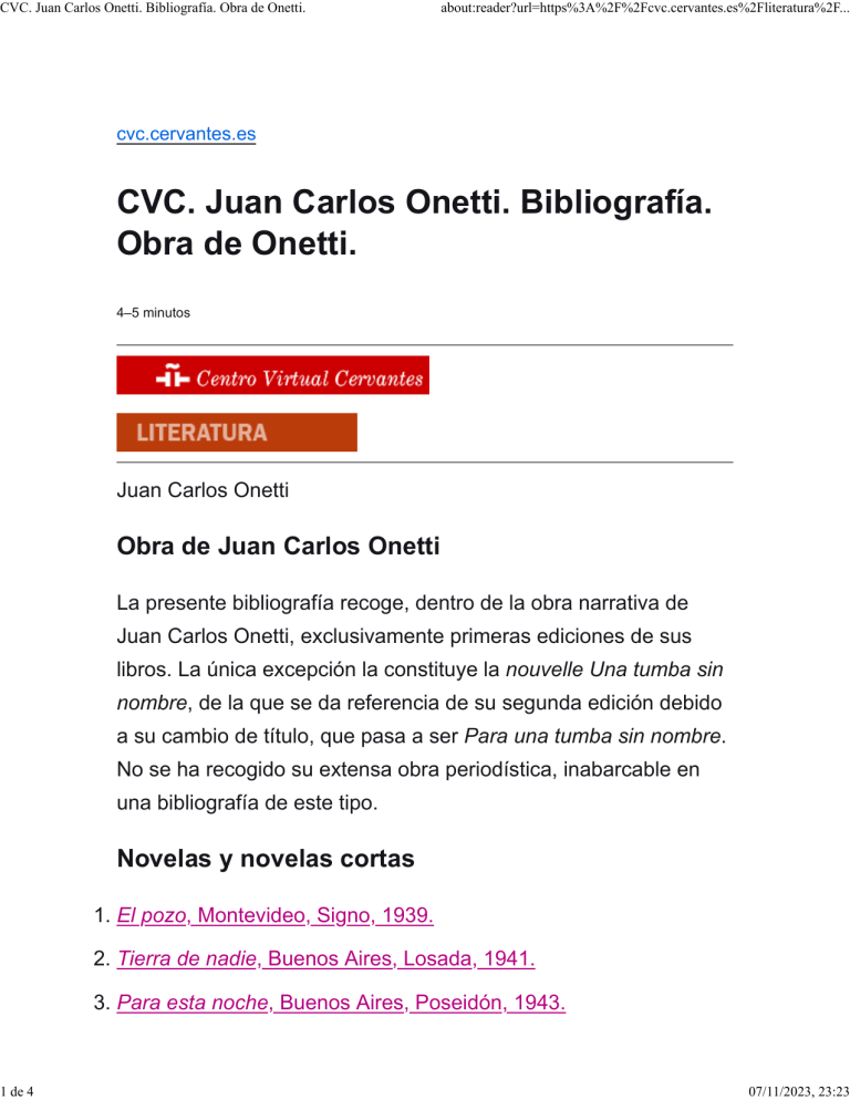 CVC. Juan Carlos Onetti. Bibliografía. Obra de Onetti.