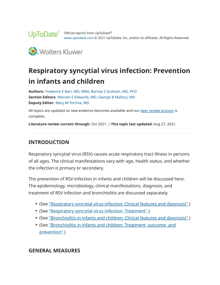 Respiratory syncytial virus infection Prevention in infants and