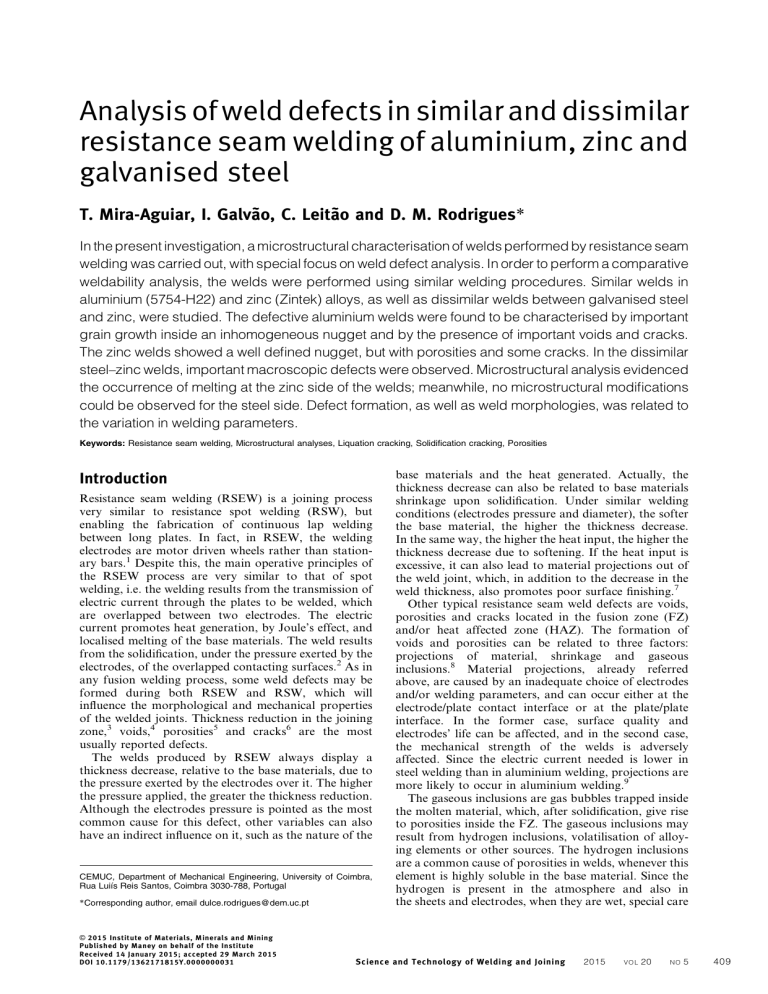 Analysis of weld defects in similar and dissimilar resistance seam welding
