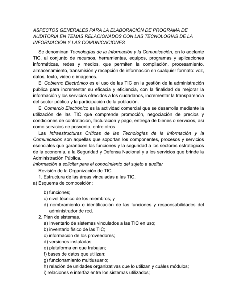 ASPECTOS GENERALES PARA LA ELABORACIÓN DE PROGRAMA DE AUDITORÍA EN TEMAS RELACIONADOS CON LAS ...