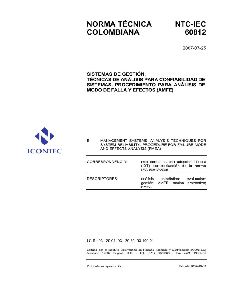 NTC-IEC 60812: Análisis de Modo de Falla y Efectos (AMFE)
