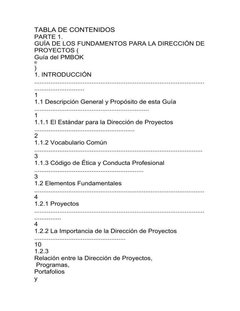 Tabla de Contenidos Guía PMBOK®: Dirección de Proyectos