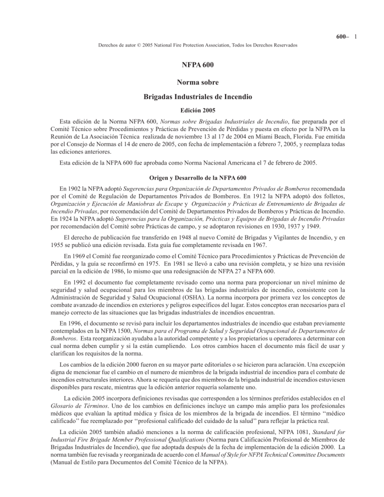 NFPA 600: Norma sobre Brigadas Industriales de Incendio