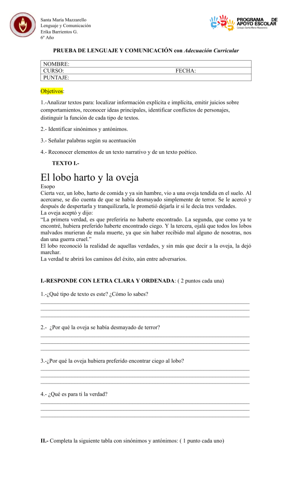 Prueba Lenguaje y Comunicación 6º Año: Comprensión Textual