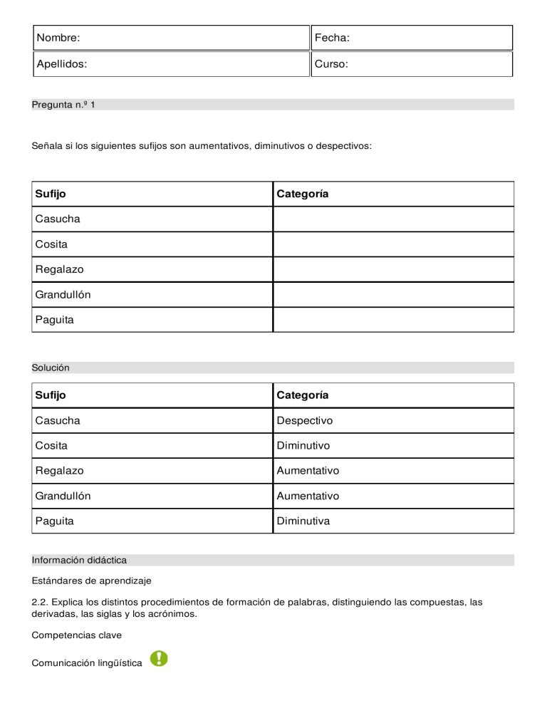 Hoja de ejercicios de morfología española: sufijos, prefijos, formación ...