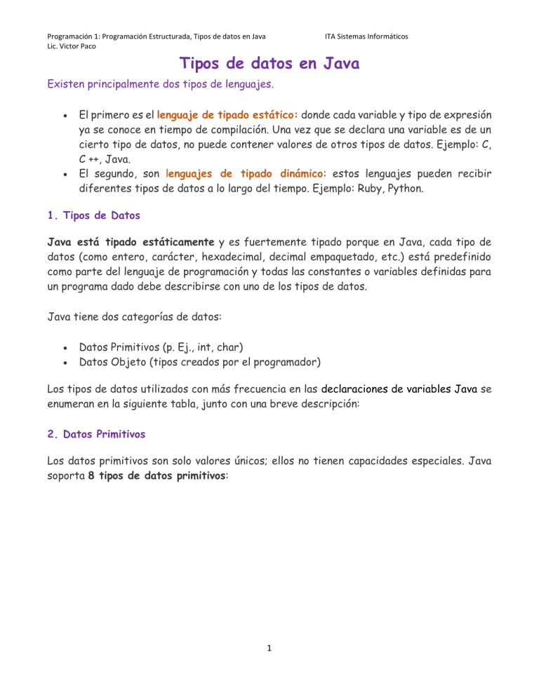 Tipos de Datos en Java: Programación Estructurada