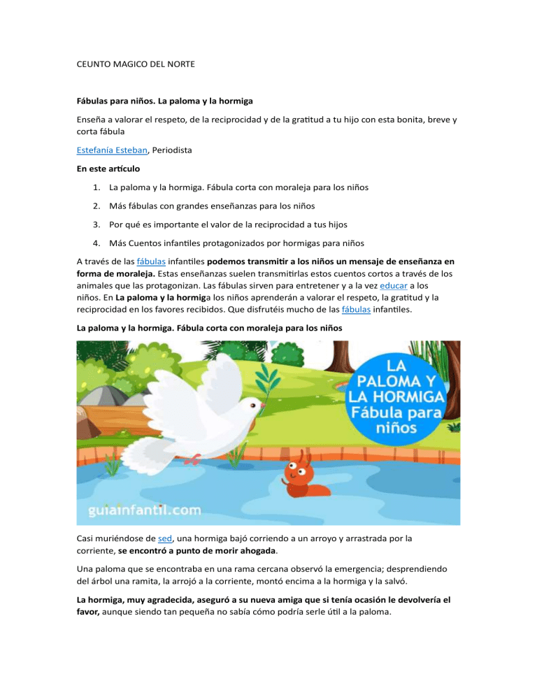 Fábula Infantil: La Paloma y la Hormiga - Valores