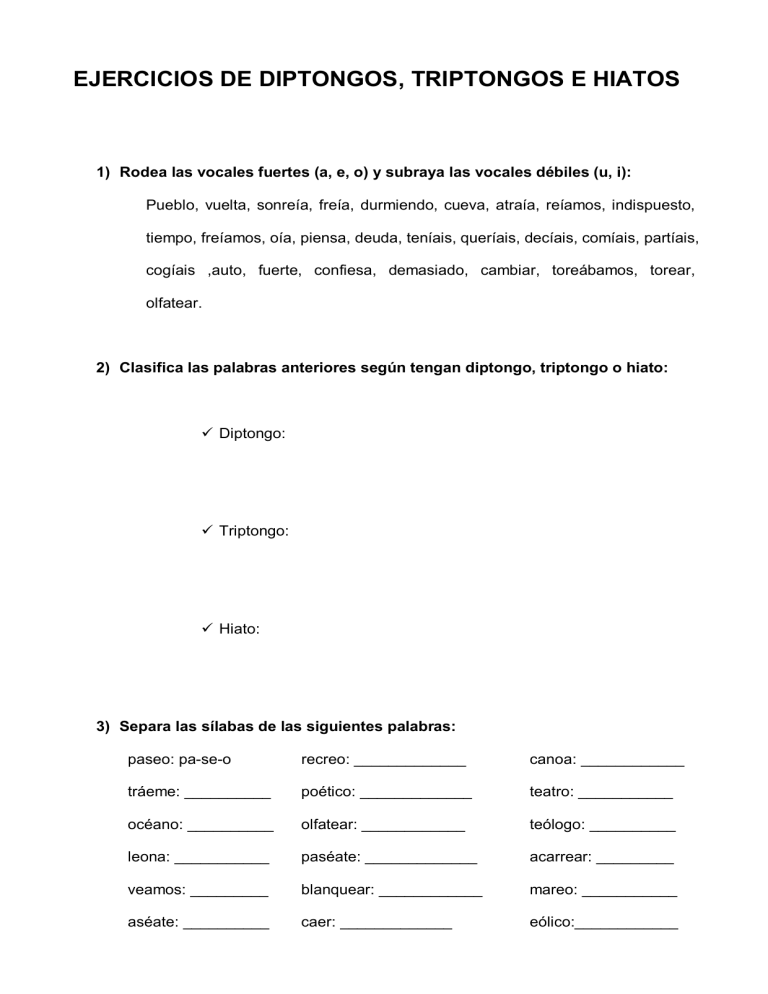 Diptongos, Triptongos e Hiatos: Ejercicios de Español