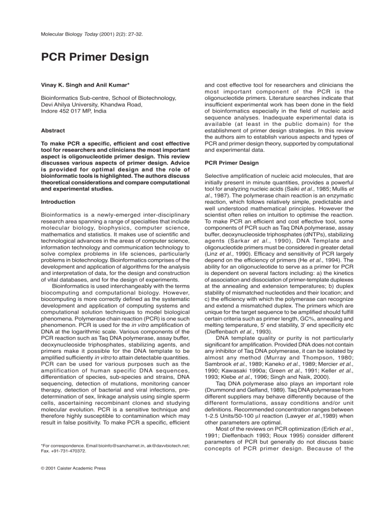 PCR Primer Design: Molecular Biology & Bioinformatics