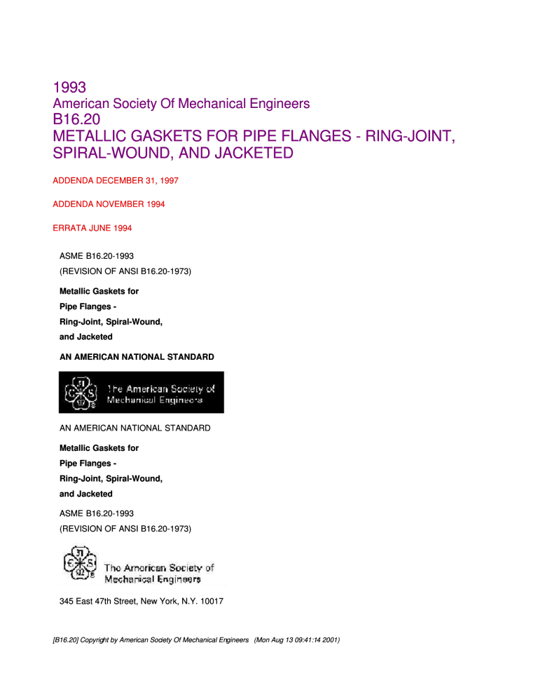 ASME B16.20: Metallic Gaskets for Pipe Flanges Standard