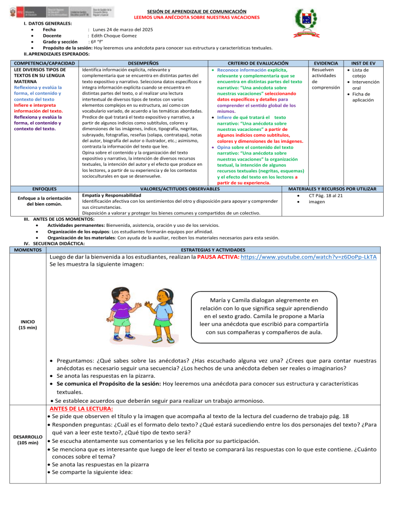 Sesión de Aprendizaje: Leemos una Anécdota