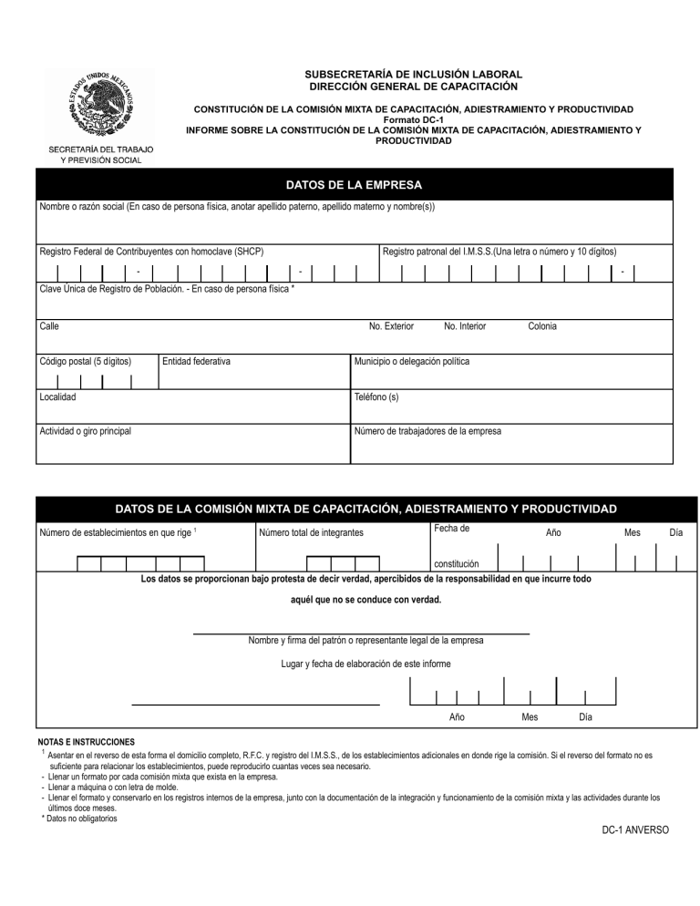 Formulario DC-1: Comisión Mixta de Capacitación en México