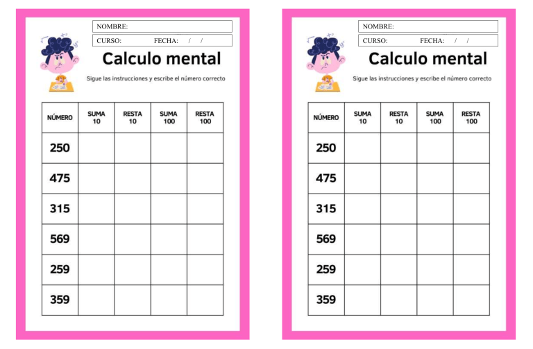 Hoja de ejercicios de cálculo mental para primaria