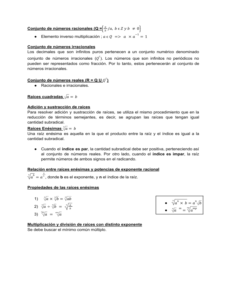 Números Racionales, Irracionales y Reales: Resumen