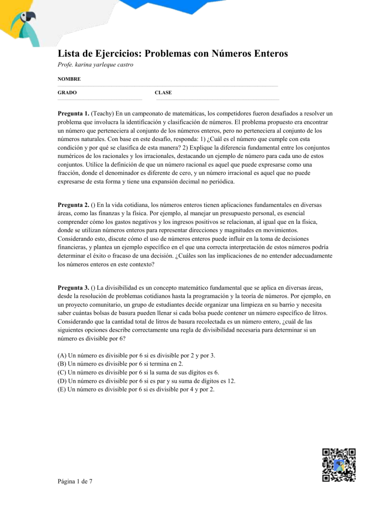 Ejercicios de Números Enteros: Problemas de Matemáticas