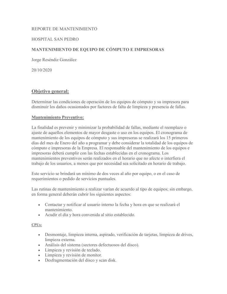 Reporte Mantenimiento Equipos Cómputo e Impresoras Hospital