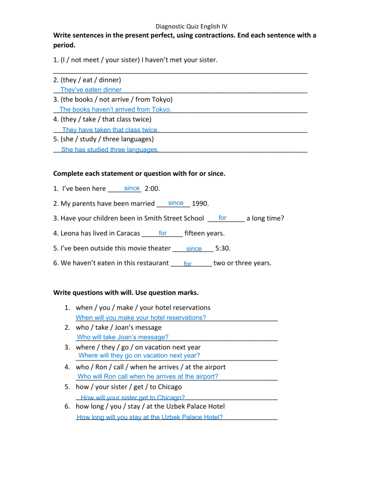 English IV Diagnostic Quiz: Grammar & Sentence Structure