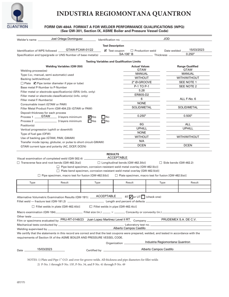 Welder Performance Qualification Form (ASME Section IX)