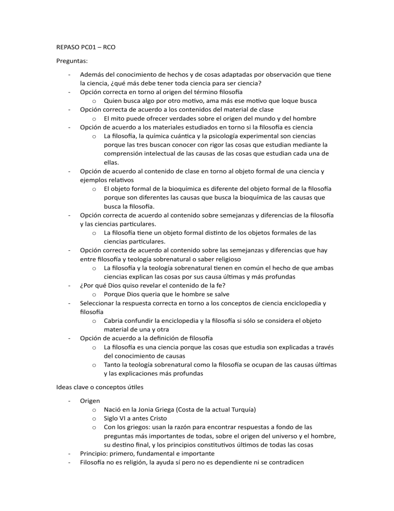 Guía de Repaso PC01 - Filosofía: Origen, Definición y Conceptos Clave
