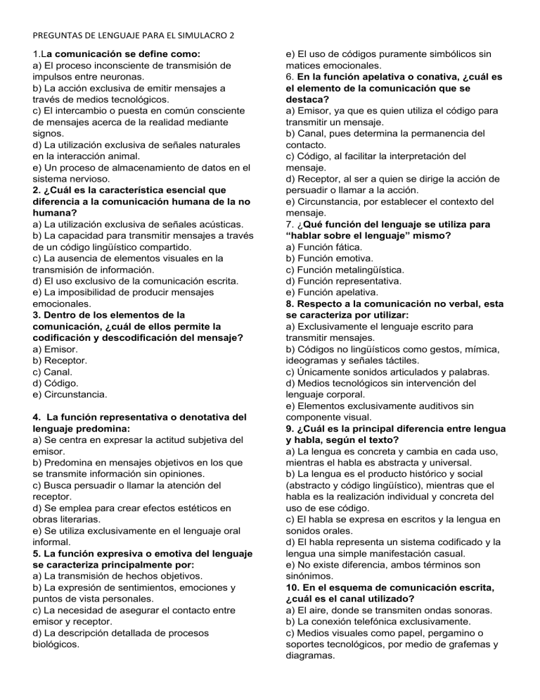 Simulacro Lenguaje: Preguntas de Examen