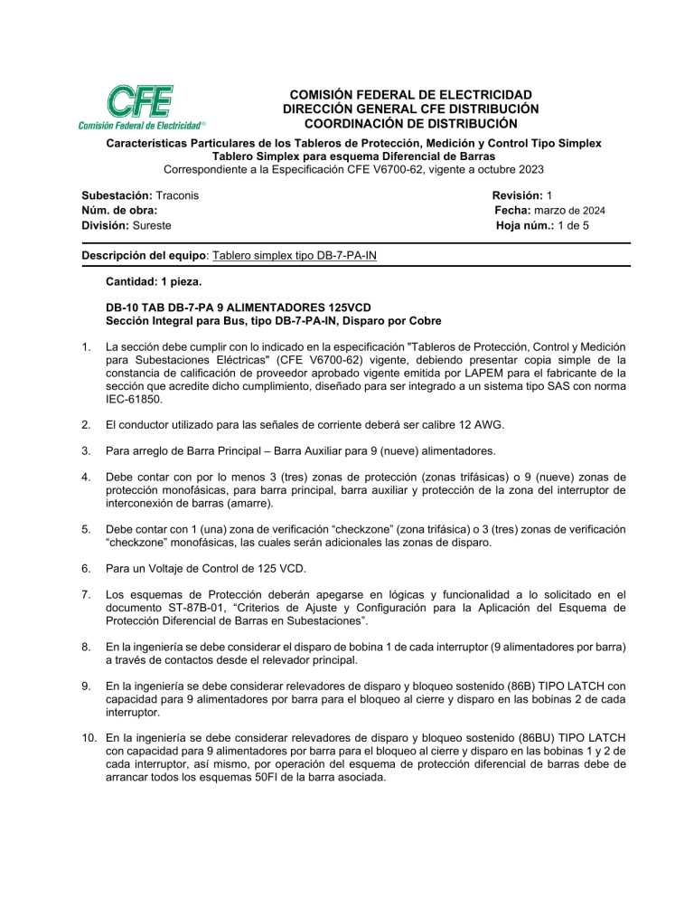 CFE: Tableros Simplex Diferencial de Barras - Especificaciones Técnicas
