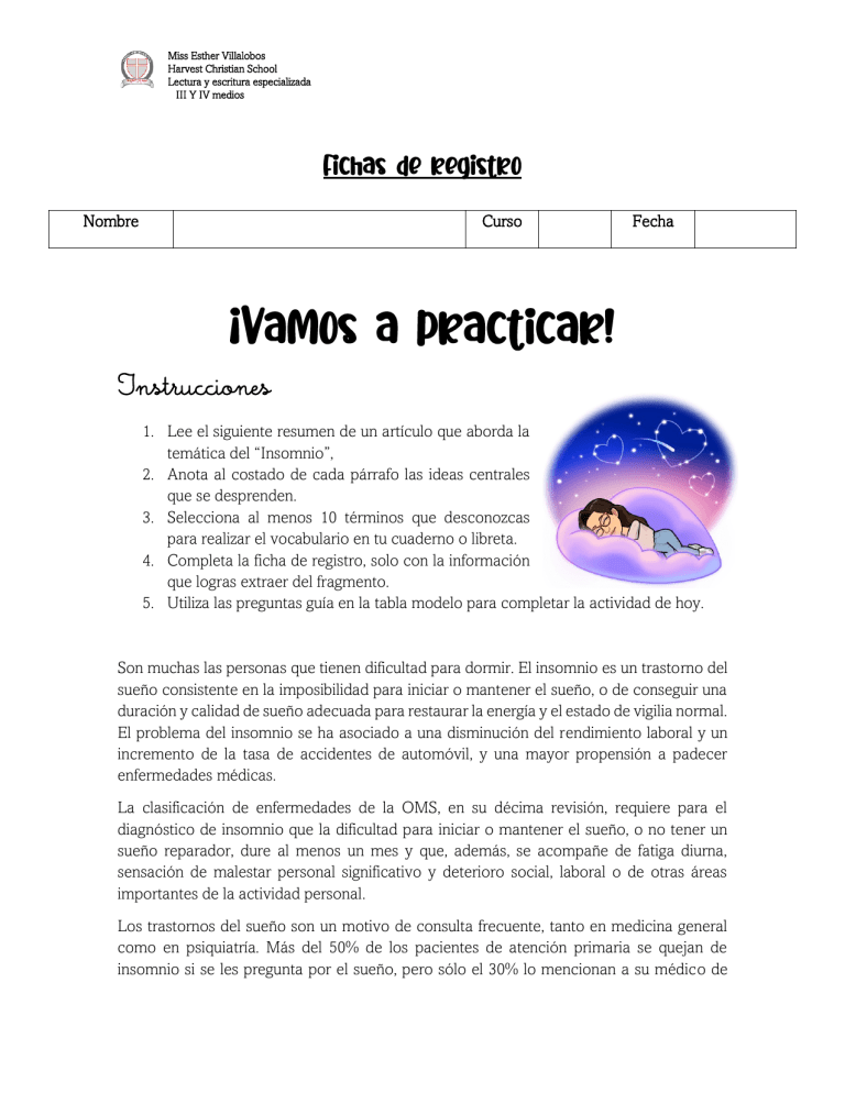 Hoja de Trabajo sobre Insomnio: Comprensión Lectora y Vocabulario