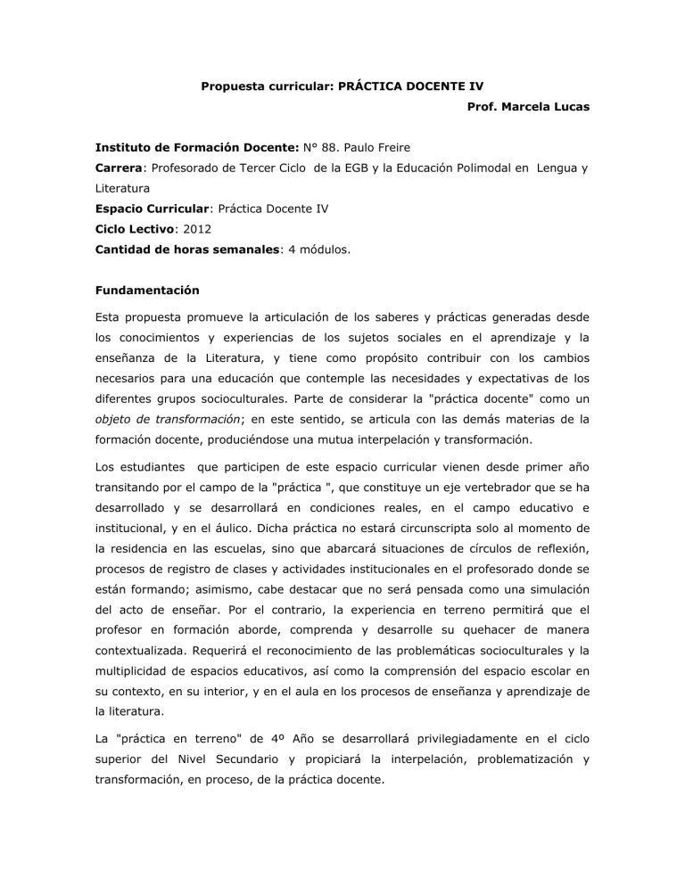 Práctica Docente IV: Propuesta Curricular Lengua y Literatura