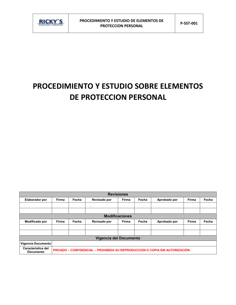 Procedimiento EPP: Comercial e industrial Rickys SPA