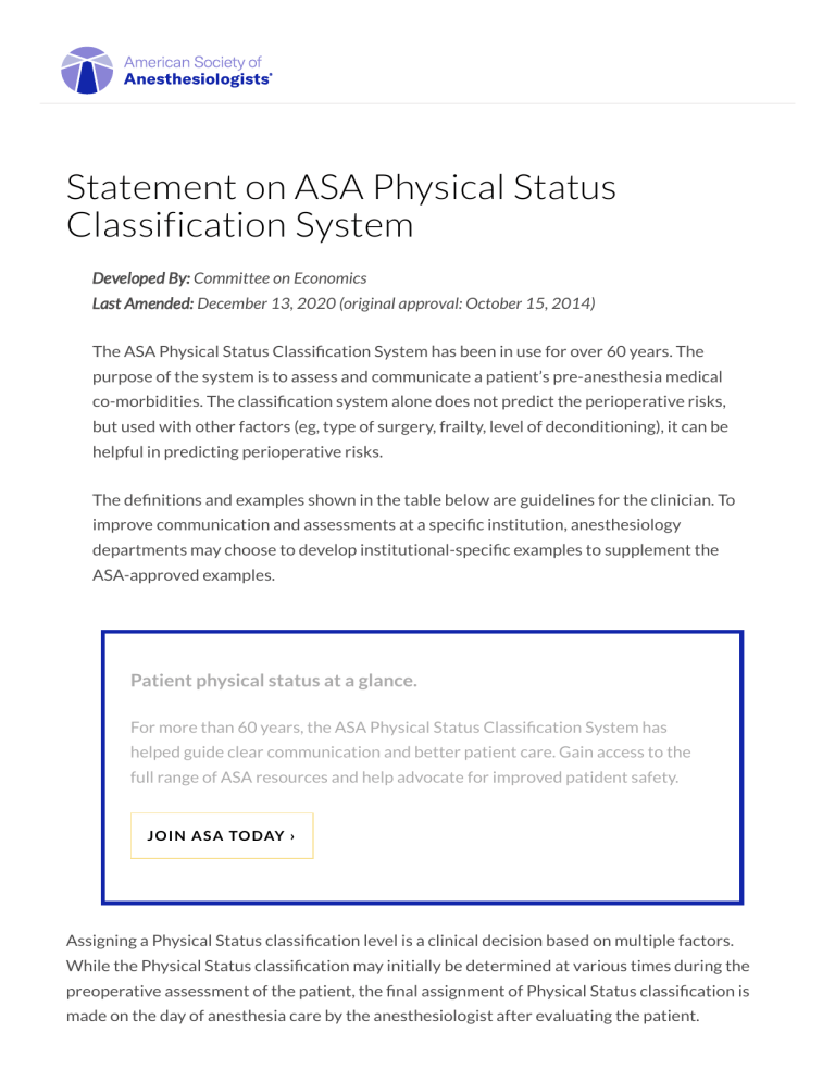 ASA Physical Status Classification System Statement