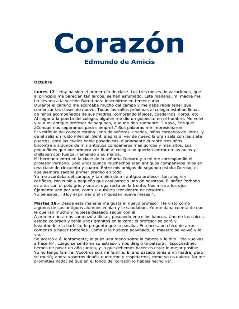 Corazón: Extracto del libro de Edmundo de Amicis