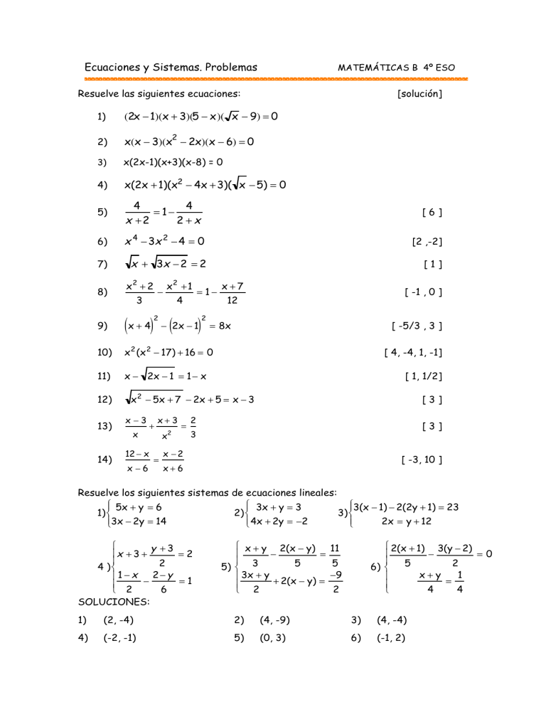 Ecuaciones Y Sistemas Ejercicios De Matemáticas 4º Eso 6543