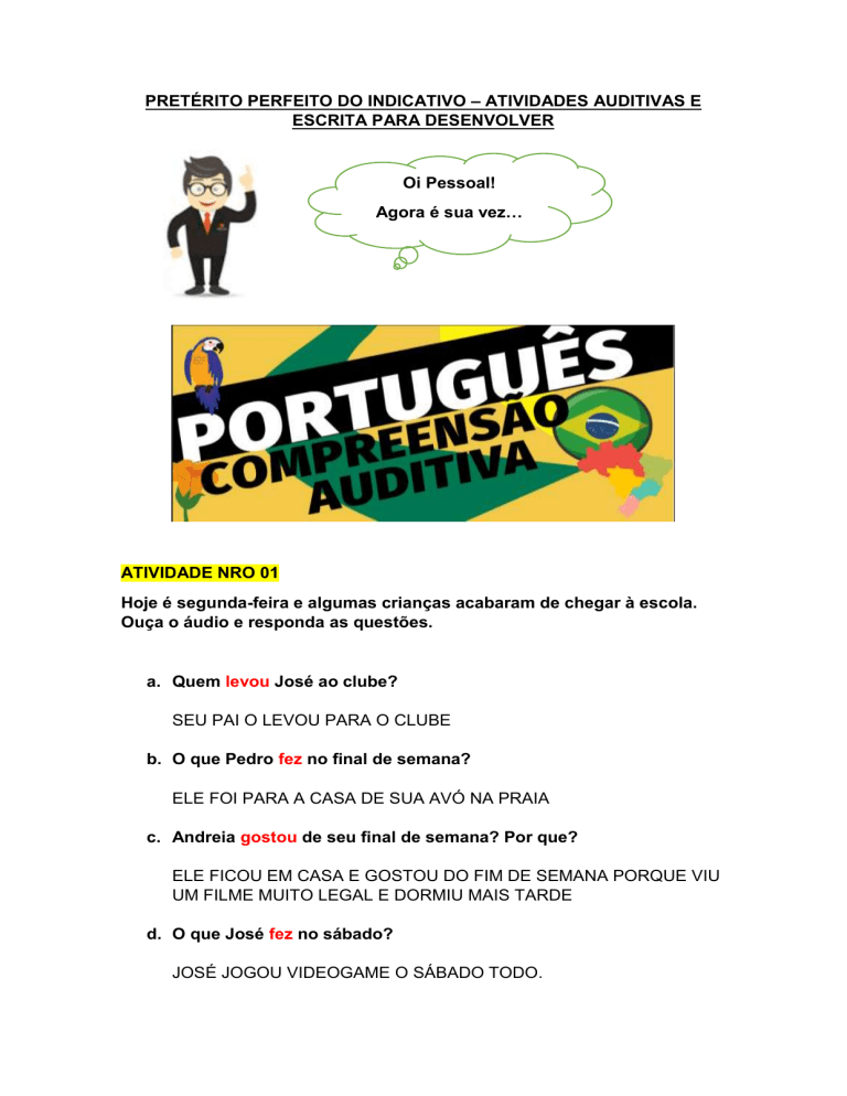 PRETÉRITO PERFEITO - ATIVIDADE PARA DESENVOLVER - JOVELIN HONORES ...