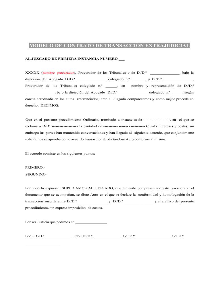 Modelo Contrato Transacción Extrajudicial - Legal