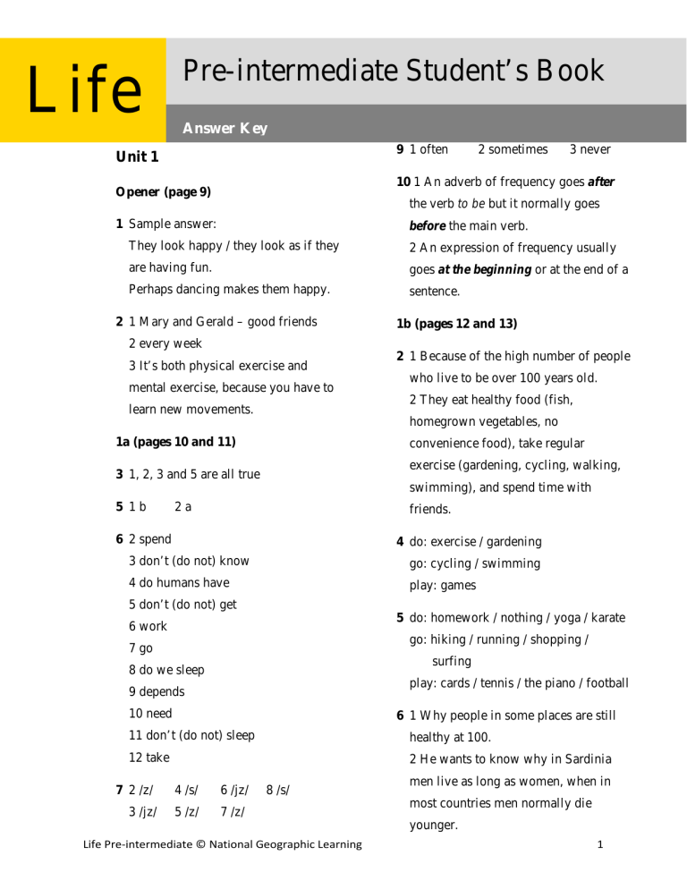 Life Pre-intermediate: Unit 1 Answer Key