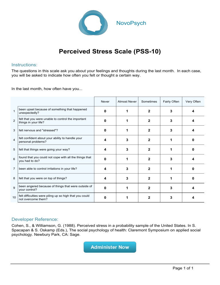 Perceived Stress Scale (PSS-10) Questionnaire